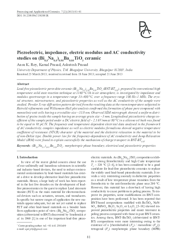 (PDF) Piezoelectric, impedance, electric modulus and AC conductivity studies on (Bi0.5Na0.5)0 ...