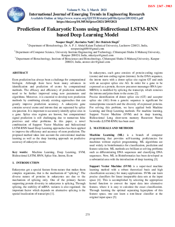 (PDF) Prediction of Eukaryotic Exons using Bidirectional LSTM-RNN based Deep Learning Model