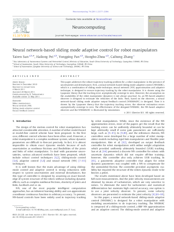 Pdf Neural Network Based Sliding Mode Adaptive Control For Robot Manipulators