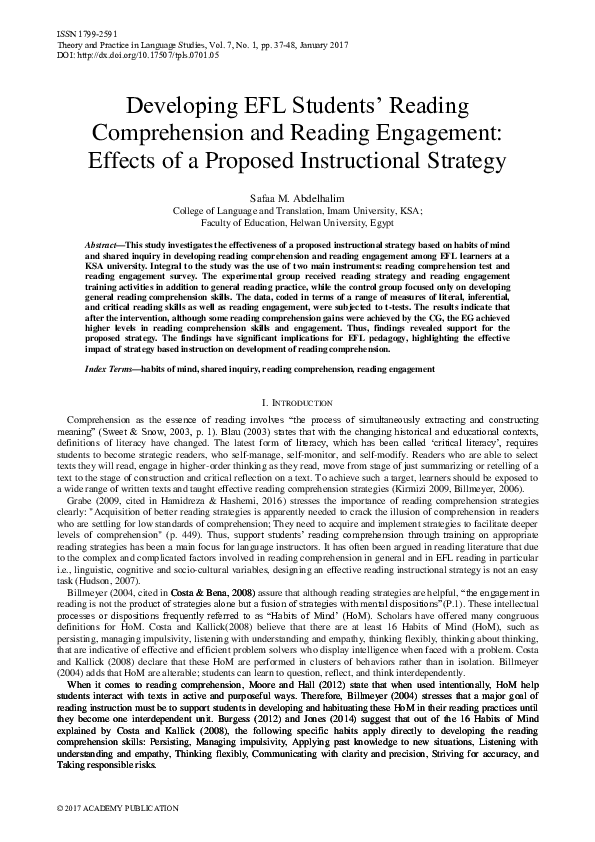 (PDF) Developing EFL Students’ Reading Comprehension and Reading ...