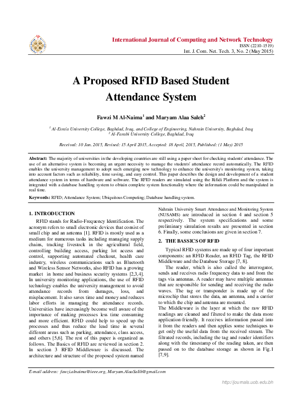 (PDF) A Proposed RFID Based Student Attendance System