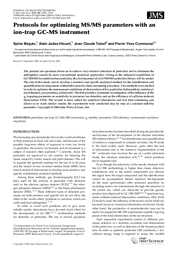 (PDF) Protocols for optimizing MS/MS parameters with an ion-trap GC-MS ... (PDF) Protocols for optimizing MS/MS parameters with an ion-trap GC-MS ...