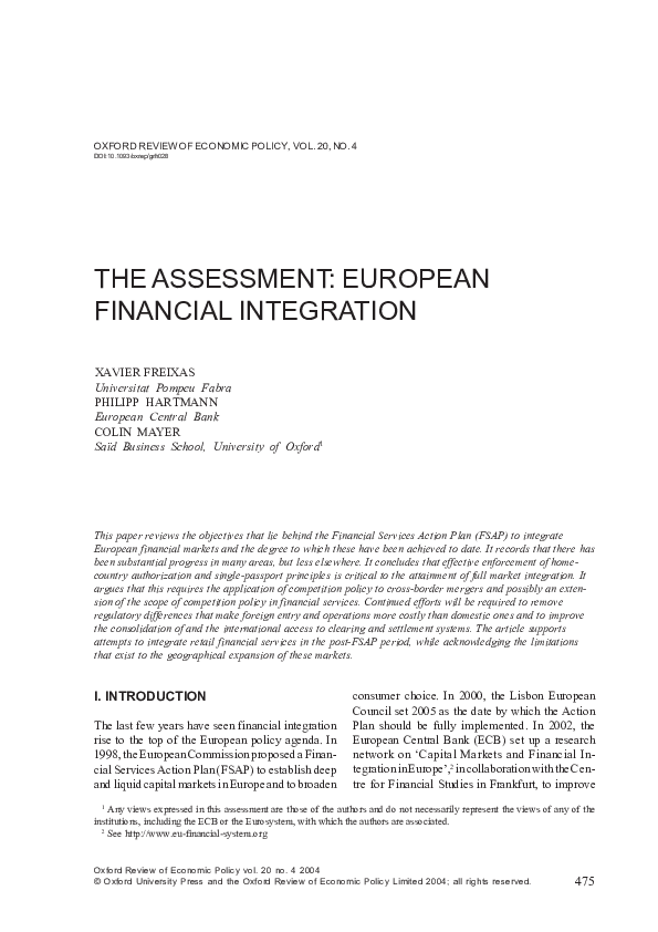 (PDF) The Assessment: European Financial Integration