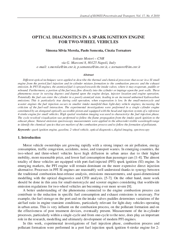 (PDF) Optical diagnostics in a spark ignition engine for two-wheel vehicles