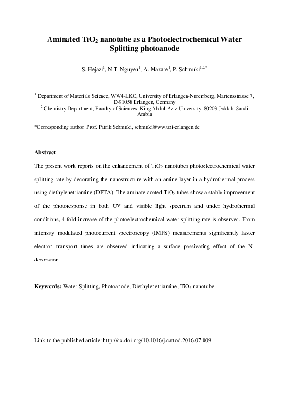 (PDF) Aminated TiO2 nanotubes as a photoelectrochemical water splitting ...