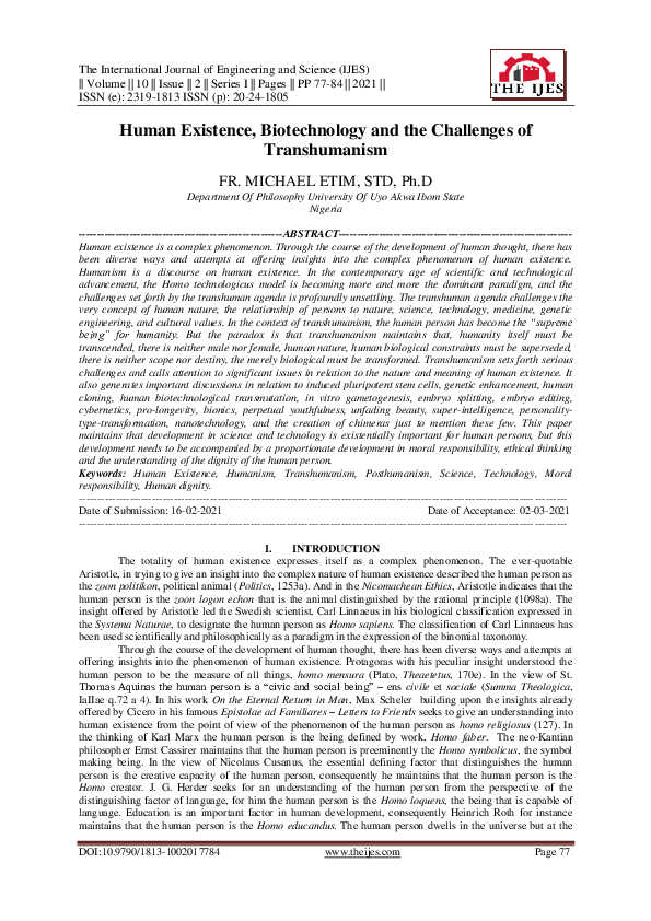 (PDF) Human Existence, Biotechnology and the Challenges of Transhumanism