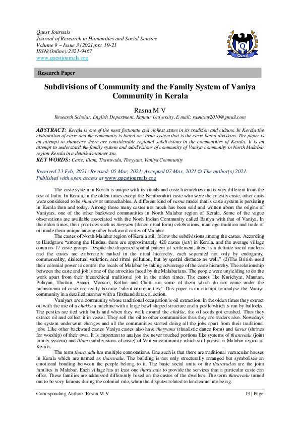 Subdivisions of Community and the Family System of Vaniya Community in ...