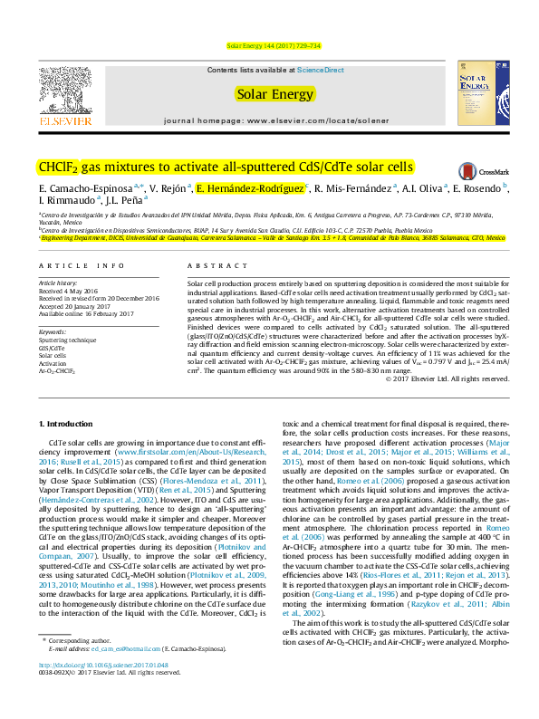 (PDF) CHClF2 gas mixtures to activate all-sputtered CdS/CdTe solar cells