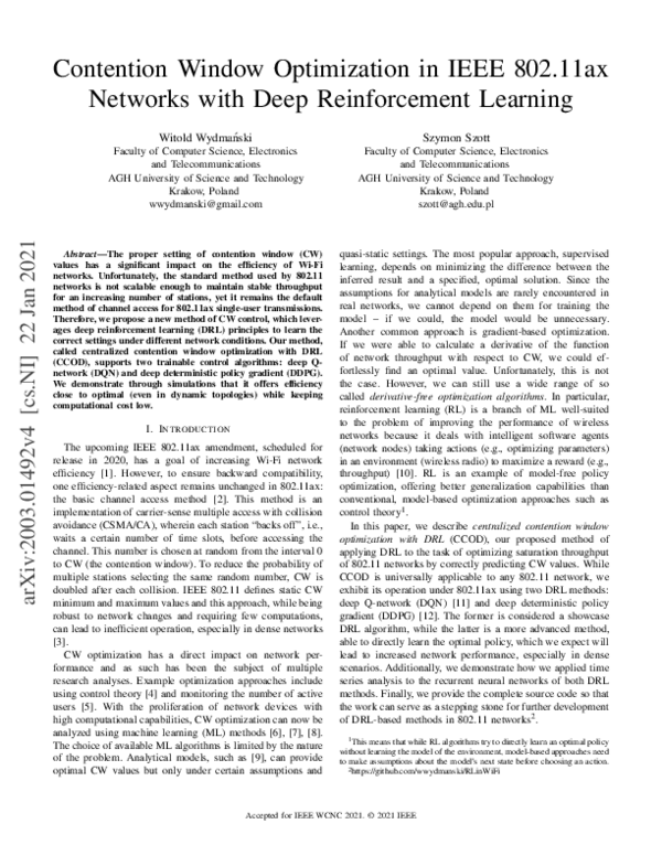 Pdf Contention Window Optimization In Ieee 80211ax Networks With Deep Reinforcement Learning