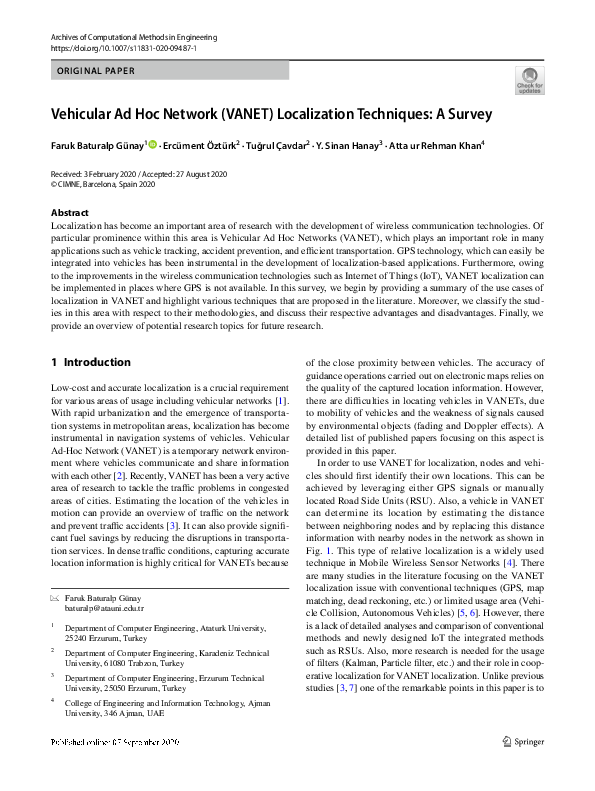 (PDF) Vehicular Ad Hoc Network (VANET) Localization Techniques: A Survey