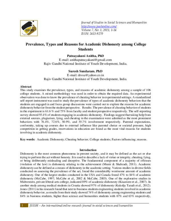 (PDF) Prevalence, Types and Reasons for Academic Dishonesty among ...