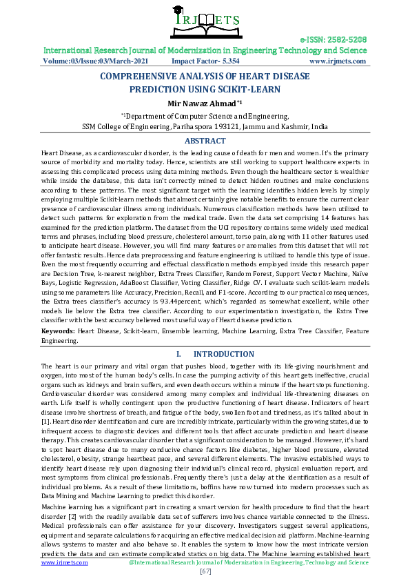 Pdf Comprehensive Analysis Of Heart Disease Prediction Using Scikit Learn