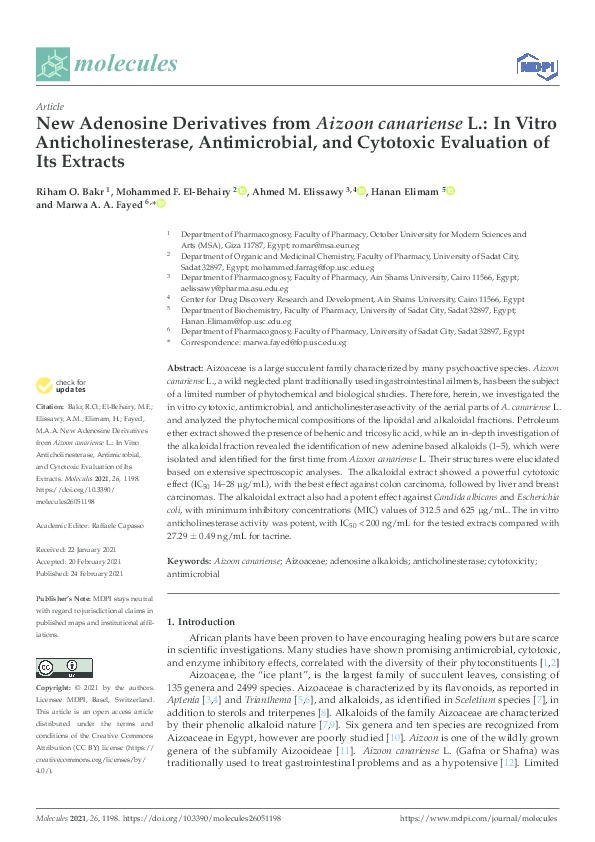 (PDF) New Adenosine Derivatives from Aizoon canariense L.: In Vitro Anticholinesterase ...