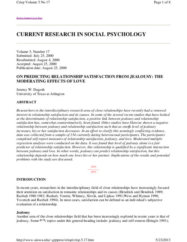 Pdf On Predicting Relationship Satisfaction What Role Does Jealousy