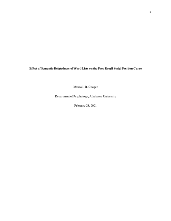 Doc Effect Of Semantic Relatedness Of Word Lists On The Free Recall Serial Position Curve