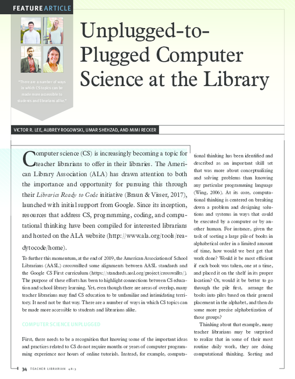 Pdf Unplugged To Plugged Computer Science At The Library