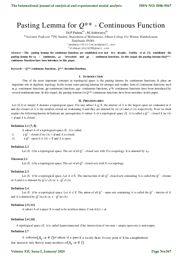 (PDF) Pasting Lemma for Q** -Continuous Function