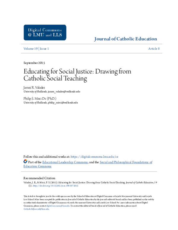 (PDF) Educating for Social Justice: Drawing from Catholic Social Teaching