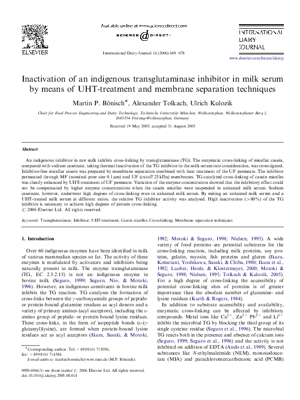 (PDF) Inactivation of an indigenous transglutaminase inhibitor in milk ...