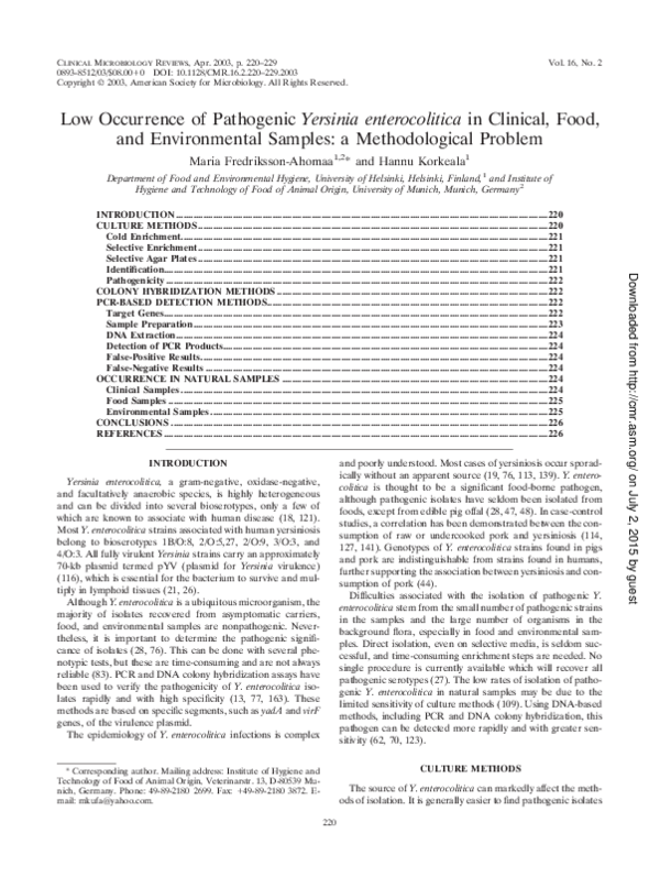 (PDF) Low Occurrence of Pathogenic Yersinia enterocolitica in Clinical ...
