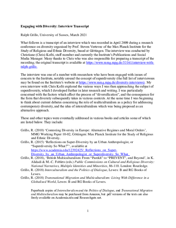 (PDF) Engaging with Diversity: Interview Transcript