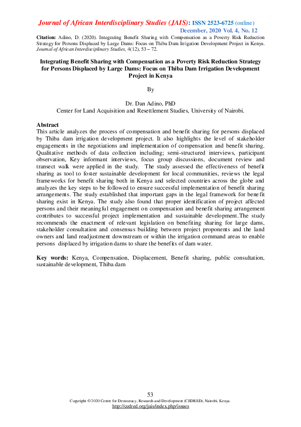 (PDF) Integrating Benefit Sharing with Compensation as a Poverty Risk ...