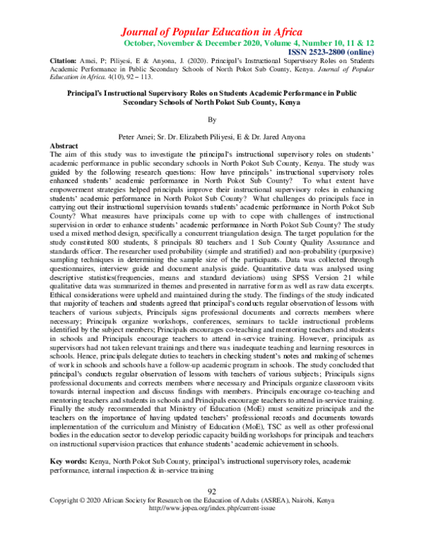 (PDF) Principal's Instructional Supervisory Roles on Students Academic ...