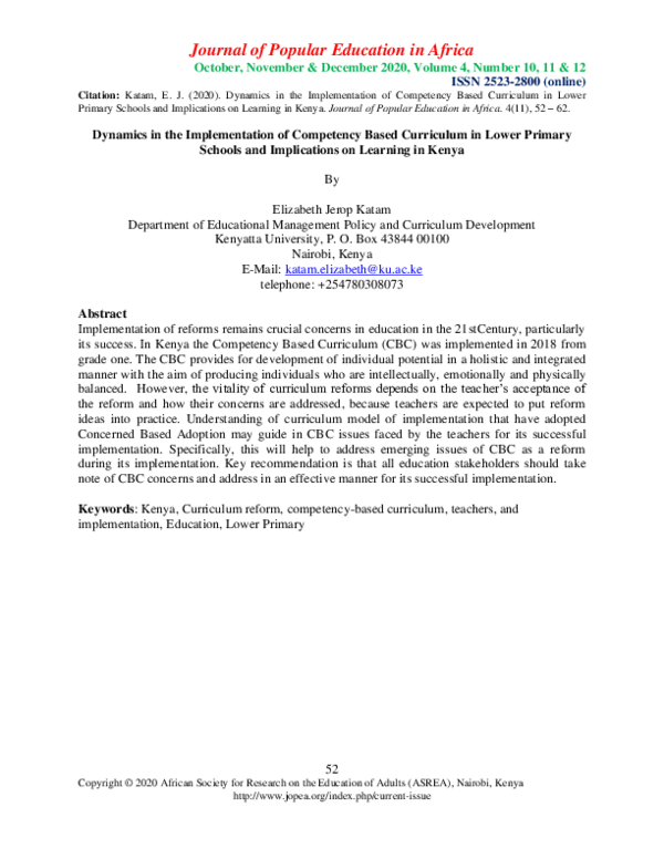 (PDF) Dynamics in the Implementation of Competency Based Curriculum in Lower Primary Schools and ...
