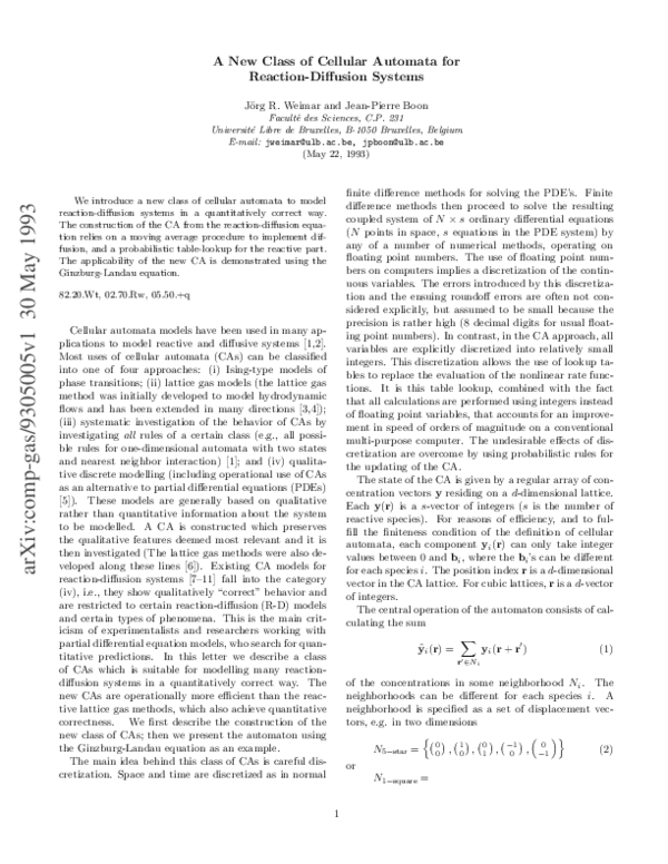 Pdf Class Of Cellular Automata For Reaction Diffusion Systems