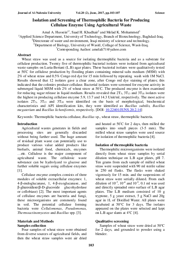 (PDF) Isolation and Screening of Thermophilic Bacteria for Producing Cellulase Enzyme Using ...