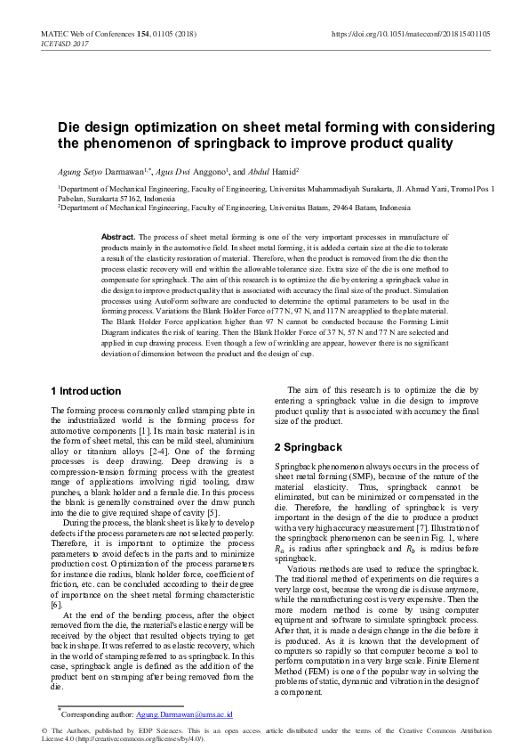 (PDF) Die design optimization on sheet metal forming with considering ...