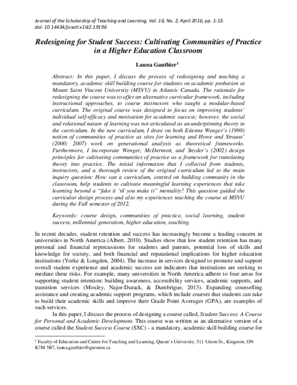 (PDF) Redesigning for Student Success: Cultivating Communities of ...