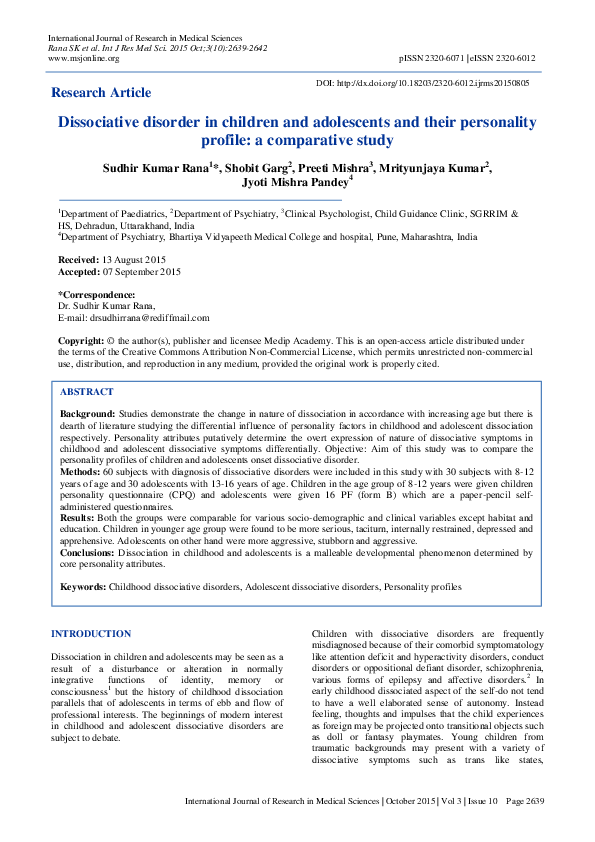 (PDF) Dissociative disorder in children and adolescents and their ...
