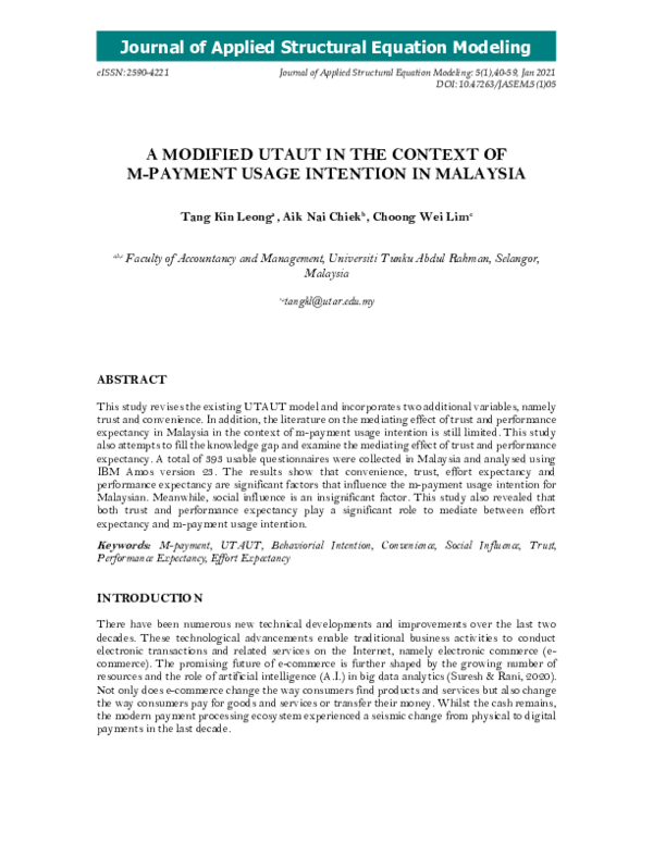 (PDF) A MODIFIED UTAUT IN THE CONTEXT OF M-PAYMENT USAGE INTENTION IN ...