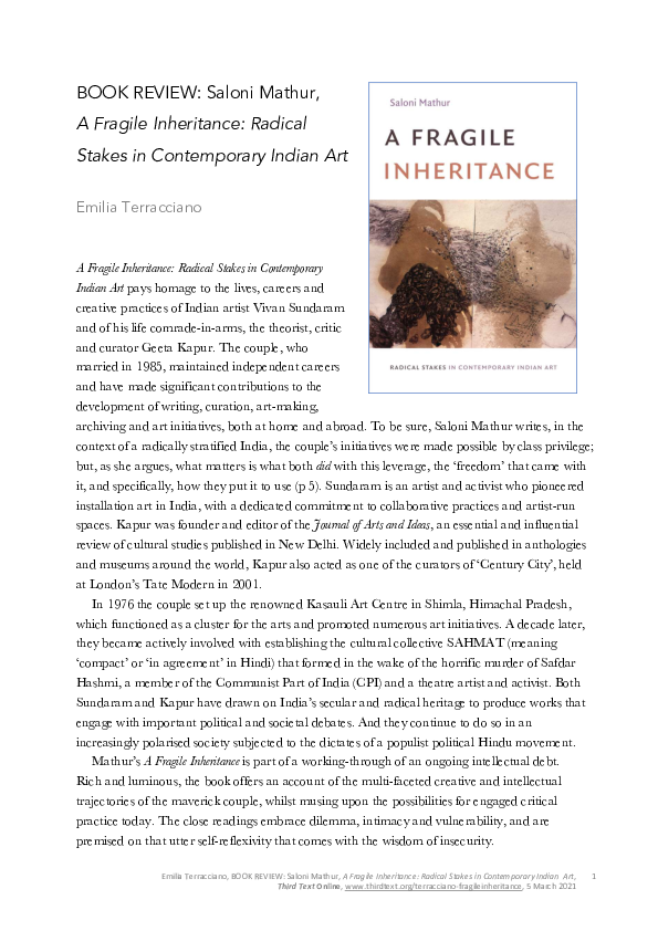 (PDF) BOOK REVIEW: Saloni Mathur, A Fragile Inheritance: Radical Stakes ...