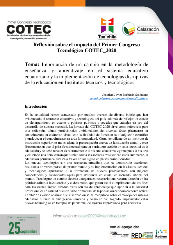 (PDF) Reflexión COTEC 2020 Jonathan Barberán