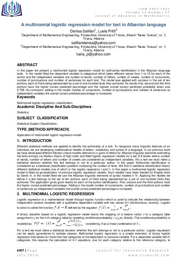 (PDF) A multinomial logistic regression model for text in Albanian language