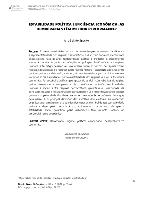 (PDF) ESTABILIDADE POLÍTICA E EFICIÊNCIA ECONÔMICA: AS DEMOCRACIAS TÊM ...