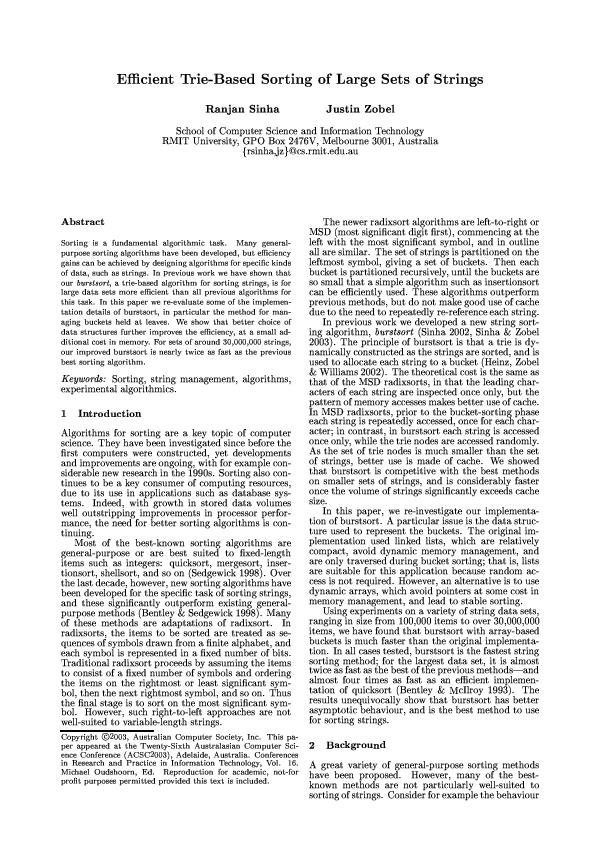 (PDF) Efficient Trie-Based Sorting of Large Sets of Strings (PDF) Efficient Trie-Based Sorting of Large Sets of Strings