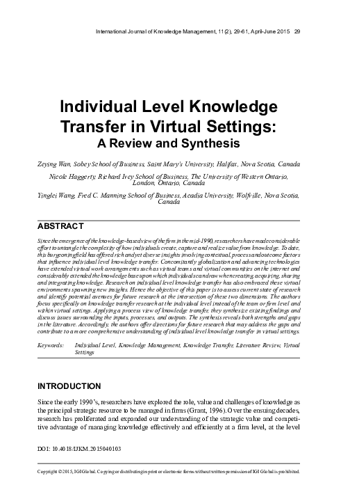 (PDF) Individual Level Knowledge Transfer in Virtual Settings