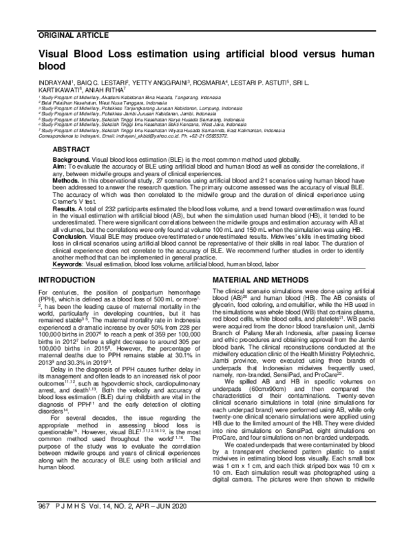 (PDF) Visual Blood Loss estimation using artificial blood versus human ...
