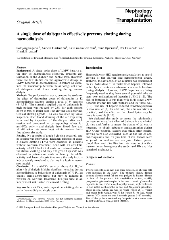 (PDF) A single dose of dalteparin effectively prevents clotting during ...