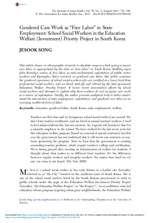 (PDF) Gendered Care Work as 'Free Labor' in State Employment