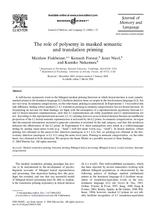 (PDF) The role of polysemy in masked semantic and translation priming