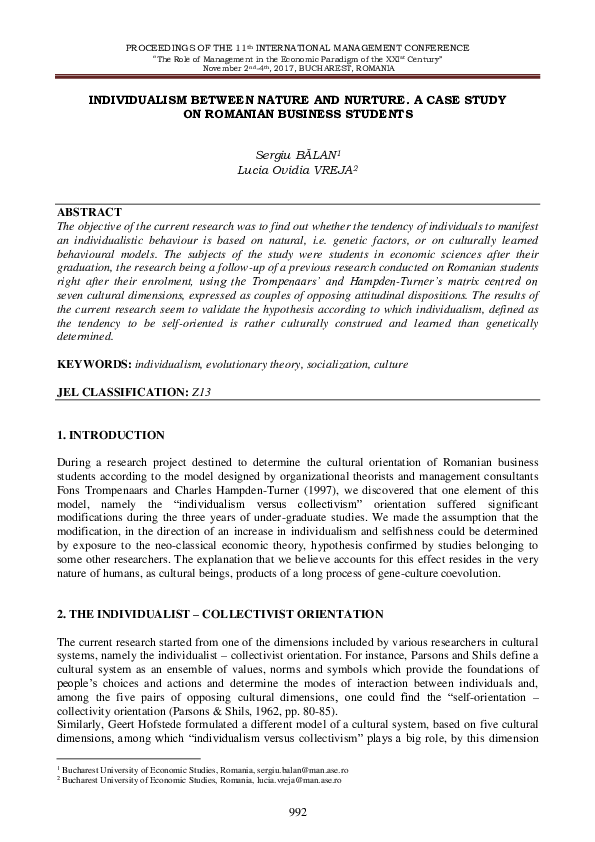 (PDF) Individualism between Nature and Nurture. A Case Study on ...