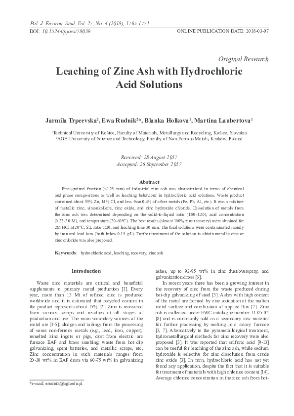 (PDF) Leaching of Zinc Ash with Hydrochloric Acid Solutions