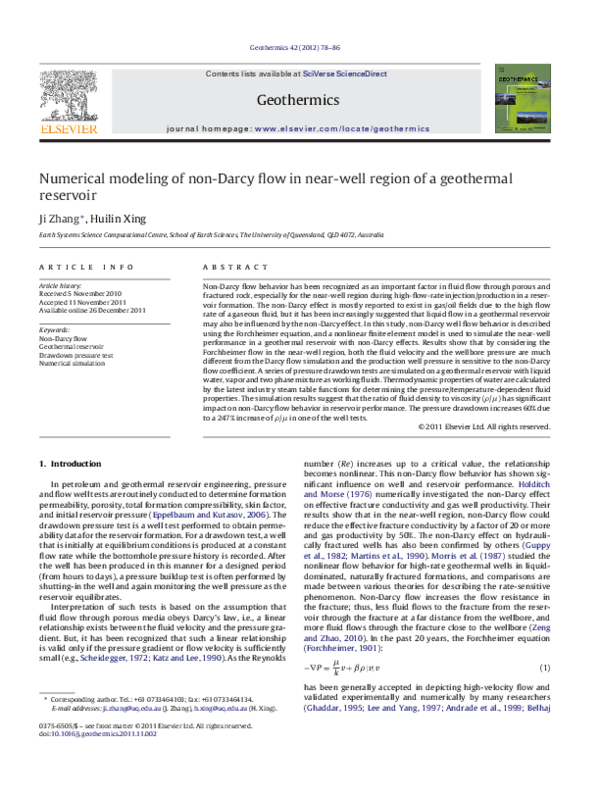 (PDF) Numerical modeling of non-Darcy flow in near-well region of a geothermal reservoir