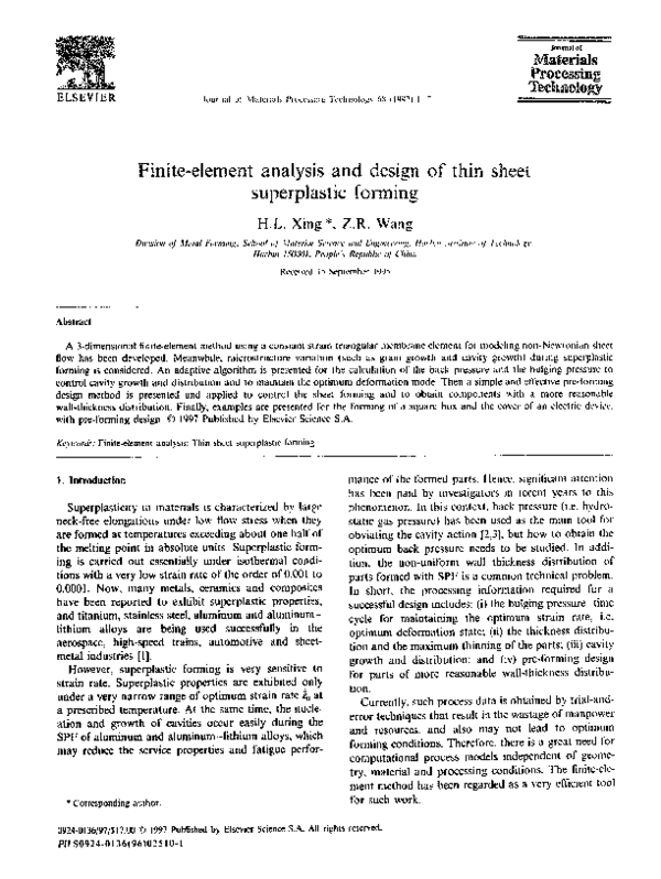 Pdf Finite Element Analysis And Design Of Thin Sheet Superplastic Forming