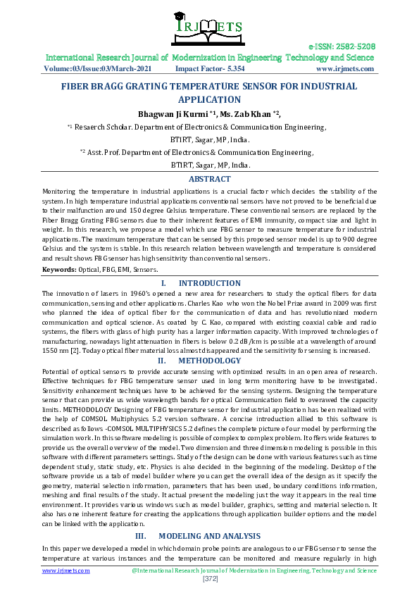 Pdf Fiber Bragg Grating Temperature Sensor For Industrial Application