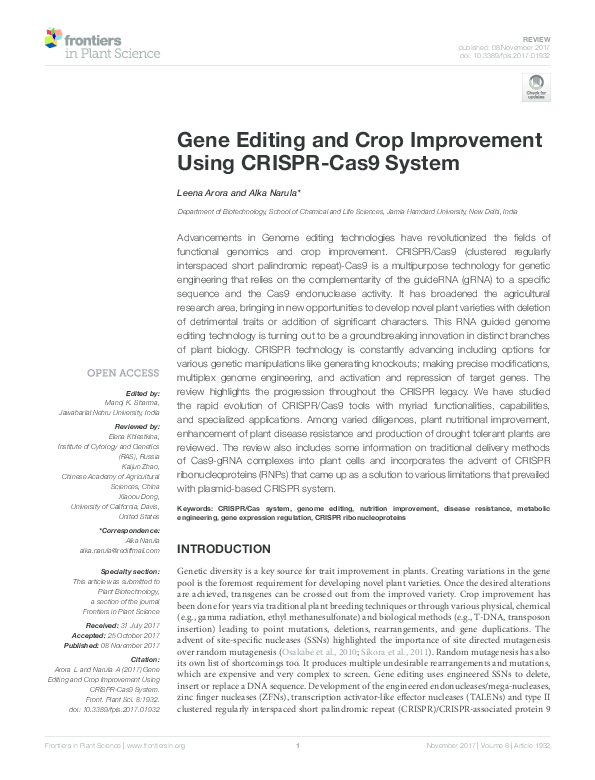 (PDF) Gene Editing and Crop Improvement Using CRISPR-Cas9 System